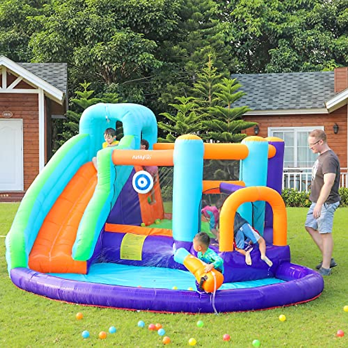 AirMyFun Inflatable Water Slide, Water Bouncy House for Wet and Dry with Climbing Wall, Jumping and Splash Pool,Water Bounce House with Slide for Big Kids