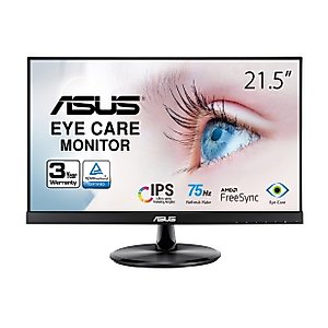 ASUS VP229Q 21.5” Monitor, 1080P Full HD, 75Hz, IPS, FreeSync/Adaptive-Sync, Eye Care, HDMI DisplayPort VGA, Frameless, VESA Wall Mountable BLACK