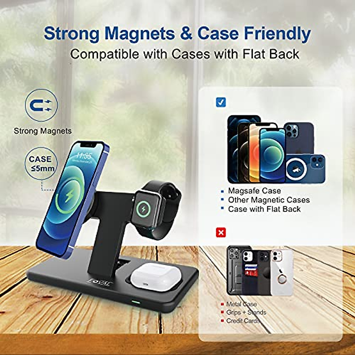 Magnetic Wireless Charger for iPhone 14/14 Plus/13/12/Pro,Pro Max,Mini, FOVAL for Detachable Magsafe Charger Stand Fast Charging Station with QC3.0 Adapter for iWatch/AirPods(Watch Cable NOT in)