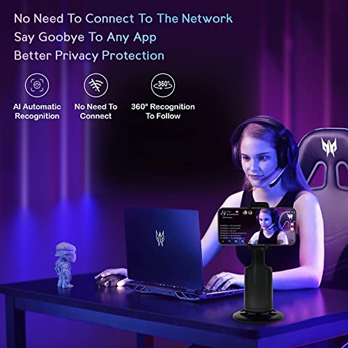 punkdunk Cell Phone Stand, Auto Tracking Phone Holder,No App Auto Face Tracking Tripod 360° Rotation, Content Creator Essentials for Live Vlog Streaming Video, Tiktok, YouTube, Meeting (Black)