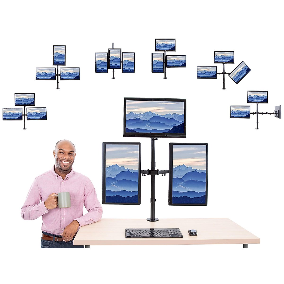 Stand Steady Triple Monitor Desk Stand with Clamp-On Base, for Home or Office Use, Height Adjustable Computer Monitor Stand with Full Articulation VESA Mounts, Fits Most LCD/LED Monitors 13-32 Inches
