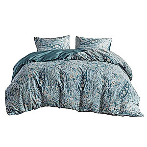 Inspire by Intelligent Design Reversible 100% Cotton Sateen Duvet - Breathable Comforter Cover, Modern All Season Bedding Set (Insert Excluded), Belcourt, Paisley Blue King/Cal King(104" x 90")