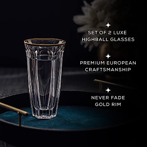 JoyJolt Windsor Gold Rim Highball Glasses Set of 2 Crystal Bar Glasses, 8.7oz Drink Glasses. Highball Glass Set made in Europe. Cocktail Glasses, Tall Glass Tumbler Cup, Water Drinking Glasses…