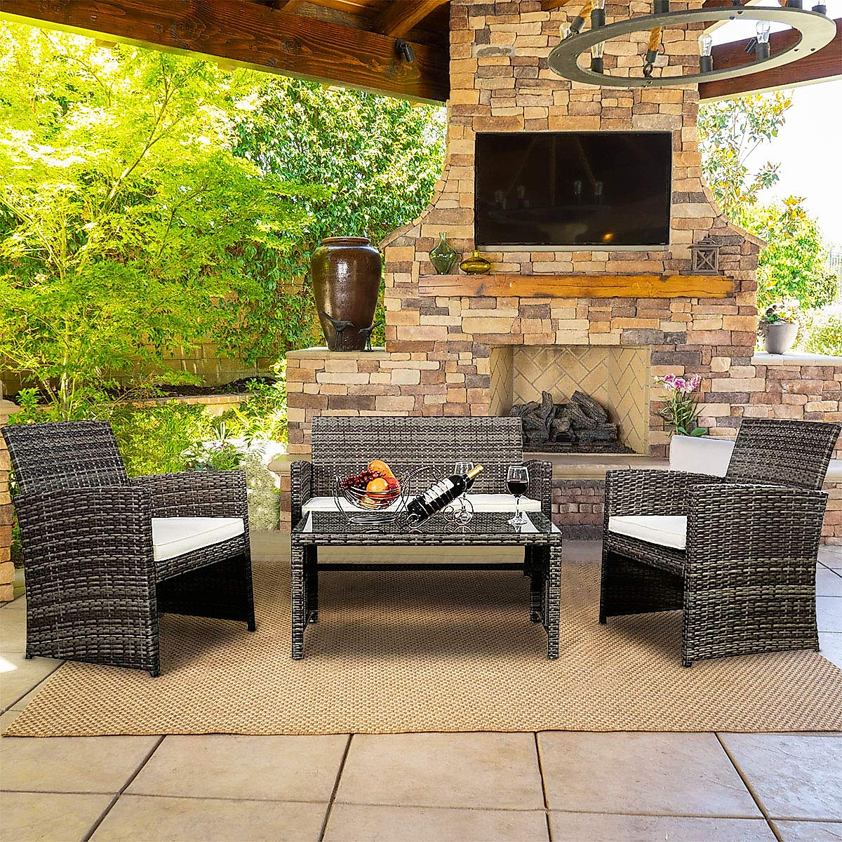 Tangkula AM0948HM Lawn Garden PE Rattan Wicker Furniture (Brown) 4 Piece Outdoor Patio Sofa Set