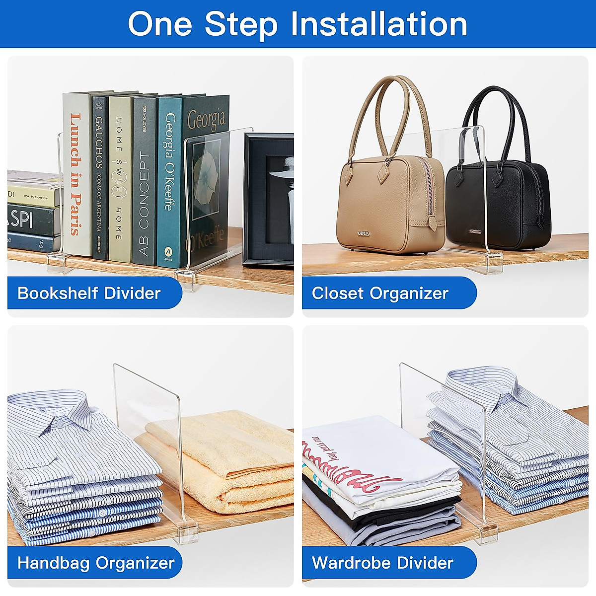 Zitalupy 6 Pack Shelf Dividers for Closet Organization, Clear Acrylic Closet Shelf Divider for Clothes Purses, Wooden Vertical Shelves Organizer Or Bedroom Storage, Kitchen Cabinets and Office