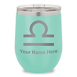 LaserGram Double Wall Stainless Steel Wine Glass Tumbler, Zodiac Sign Libra, Personalized Engraving Included (Teal)