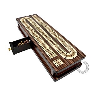 House of Cribbage - Continuous Cribbage Board/Box Inlaid in Rosewood/Maple 12" - 3 Tracks - Sliding Lid Drawer