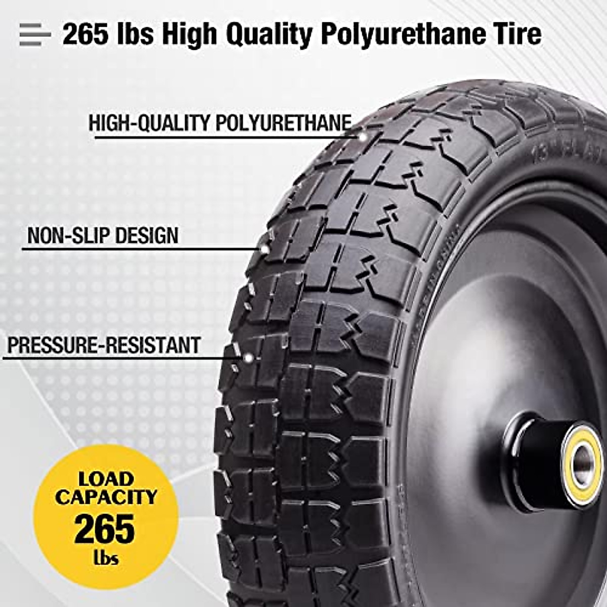 HIKYROKY 4.00-6 Flat Free Solid Polyurethane Tire and Wheel 1 Pc, 13 Inch PU Airless Tires Replacement with 5/8" Ball Bearings, Easy Fit for Lawn Garden Carts, Hand Trucks, Generators More, 1 Pack