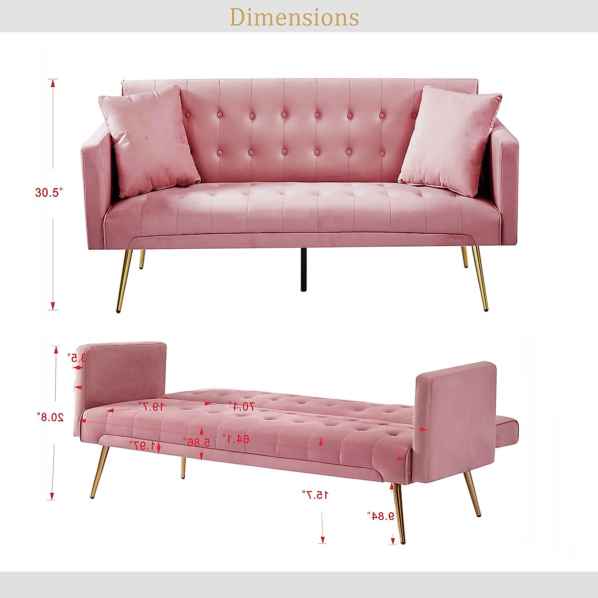 Anwick 72" Modern Velvet Sofa Bed Futon,Convertible Folding Sleeper Bed Couches with 3 Adjustable Backrests,Tufted Recliner Loveseat with Golden Chrome Legs for Small Living Room Office (Pink)
