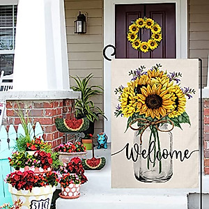 Summer Sunflower Garden Flag 12x18 Vertical Double Sided Welcome Summer Mason Jar Flowers Farmhouse Outside Decorations Burlap Yard Flag BW129