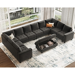 Belffin Oversized Velvet U Shaped Sectional Sofa Set Modular Sectional Sofa Set Convertible Sectional Sofa Couch with Storage Ottoman Corner Modular Sofa Couch Grey