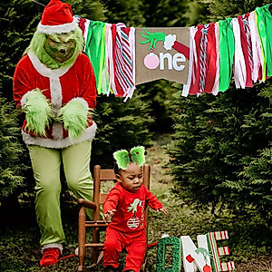 Christmas High Chair Banner, Girl Christmas 1st Birthday Sign Banner, Candy Cane Red, Green,Pink Highchair Garland with Hair Bow for Girls Christmas First Birthday, Photo Booth Props And Cake Smash