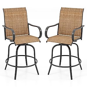 Tangkula Outdoor Swivel Bar Stools Set of 2, Bar Height Tall Patio Chairs with Armrests & High Back, Cozy Footrest & Solid Metal Support, High Top Bar Chairs for Backyard, Balcony, Poolside (1, Brown)