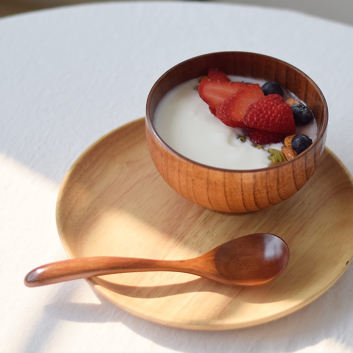 Kanhaom Small Wooden Bowls and Spoons, 10oz. Portion Control Bowls for Snack, Dessert, Japanese Serving Bowls for Rice, Soup, Solid Wood Bowls for Decor (4 Bowls with 4 Spoons - 4.1IN)