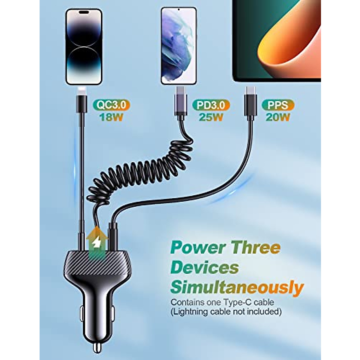 USB C Car Charger, Vocrby 45W Fast Car Charger adapter PD&QC3.0&PPS 3-Port Type C Car Charger with 5.25FT Coiled Cable, Car Charger Compatible with Samsung Galaxy S23 22/Google Pixel/iPhone/LG/Android