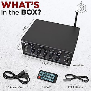 Pyle Compact Mini Home Power Amplifier - 40W Smart Small Audio Stereo Receiver w/ AUX 2 Microphone IN COM/8-Ohm/25V/70V Speakers LED Input Selector For PA Amplified Speaker Sound System PCM20A