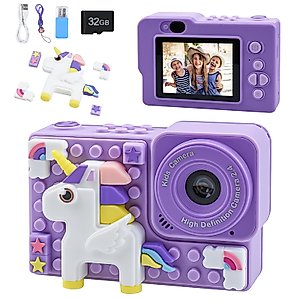 Kids Camera for Boys and Girls, Children Digital Video Toy Camera with Unicorn Silicone Building Blocks, Selfie Camera for Kids, Christmas Birthday Festival Gifts for Age above 6 with 32GB SD Card