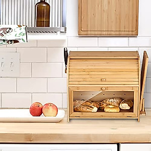 HOMEKOKO Double Layer Large Roll Top Bread Box for Kitchen Counter, Retro Design Wooden Large Capacity Bread Storage Bin (Natural)