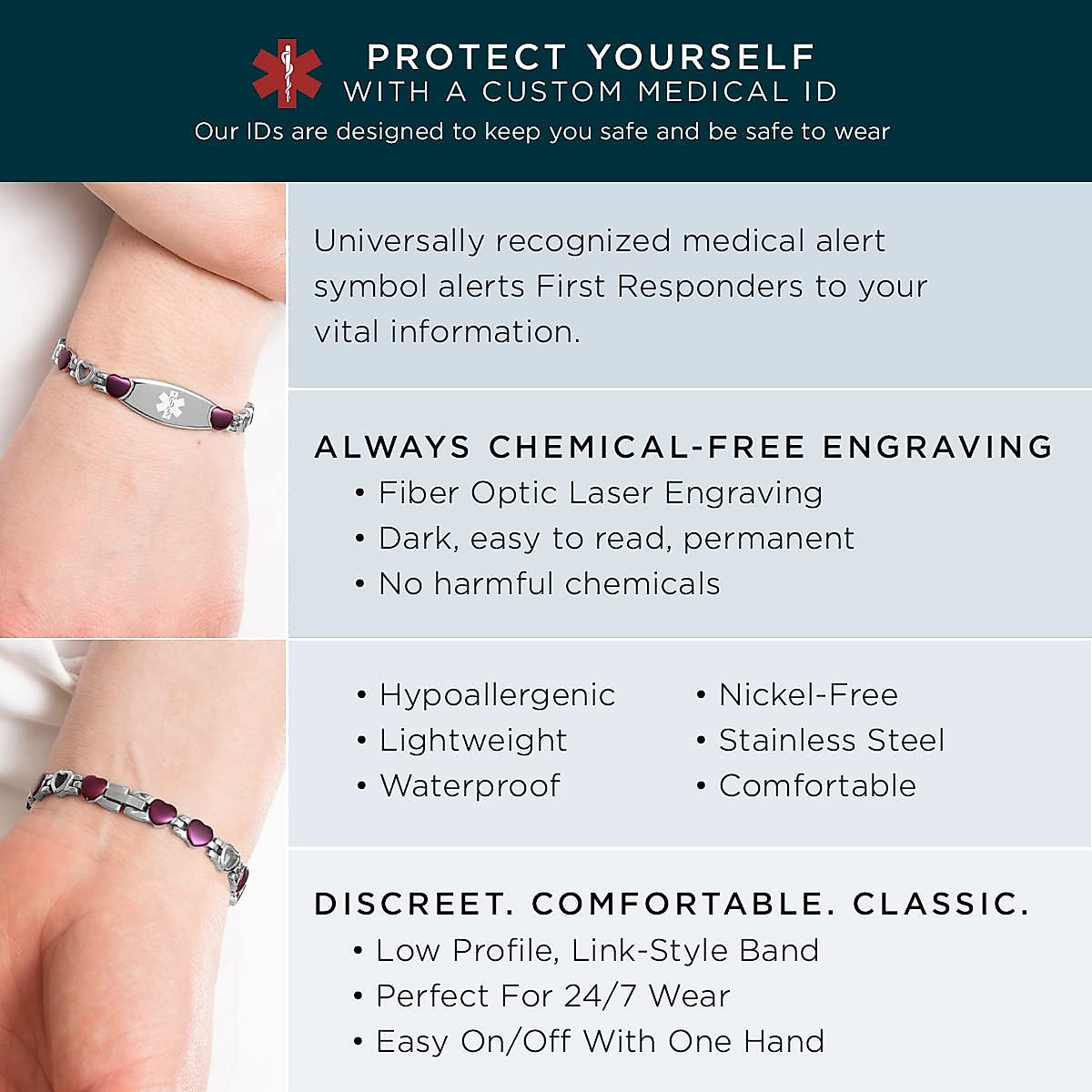 Medical Alert Bracelet For Women, Purple and Silver Stainless Steel Heart Link Bracelet, Custom Engraving, 1 Year Warranty, Custom Sized, Waterproof and Durable, Lauren's Hope Medical ID (Purple and Silver, 6.5 inch)