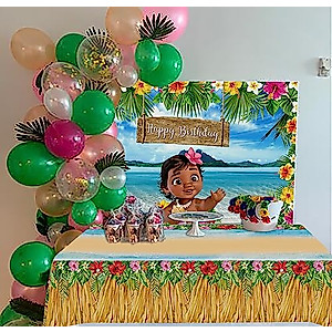 Summer Beach Baby Moana Backdrop and Tablecloth 86x52 inch Maui Palm Leaves Flowers Cake Table Decoration Girls Princess Moana Birthday Photo Background Baby Shower Party Supplies (7x5ft)