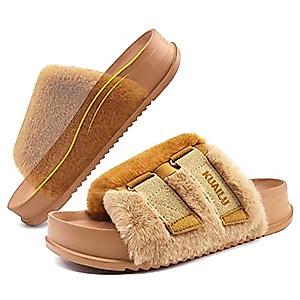 KuaiLu Womens Slides Soft Cushion Faux Fur Sandals for Women Open Toe House Slipper with Arch Support Ladies Slip On Fuzzy Platform Slipper Indoor Outdoor,Khaki Size 10