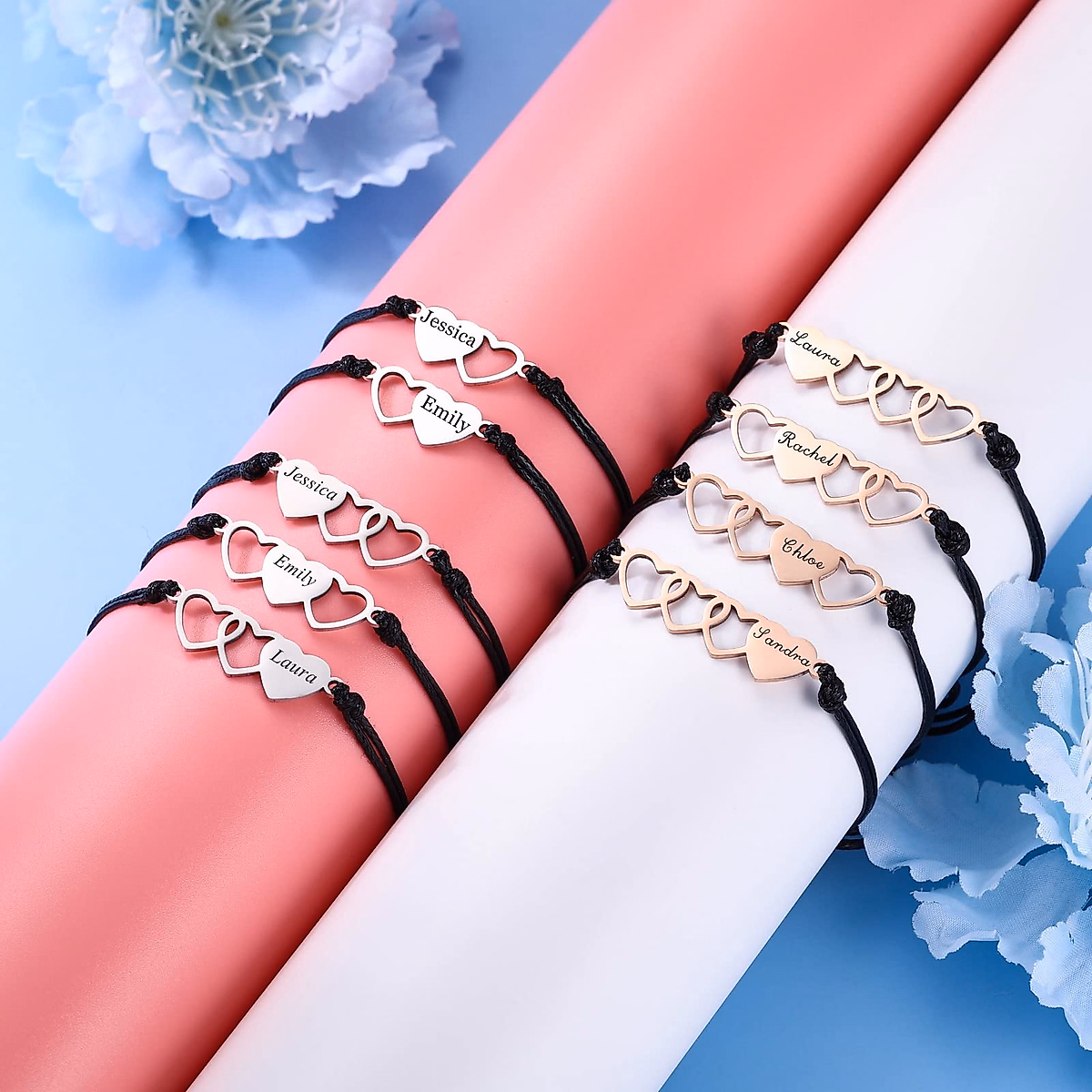 INBLUE Custom Matching Heart Bracelet Set, Personalized Name 4 Pieces Stainless Steel BFF Best Friend Rose-gold Bracelet Set, Friendship Gift for Sisters Best Friends Besties Women