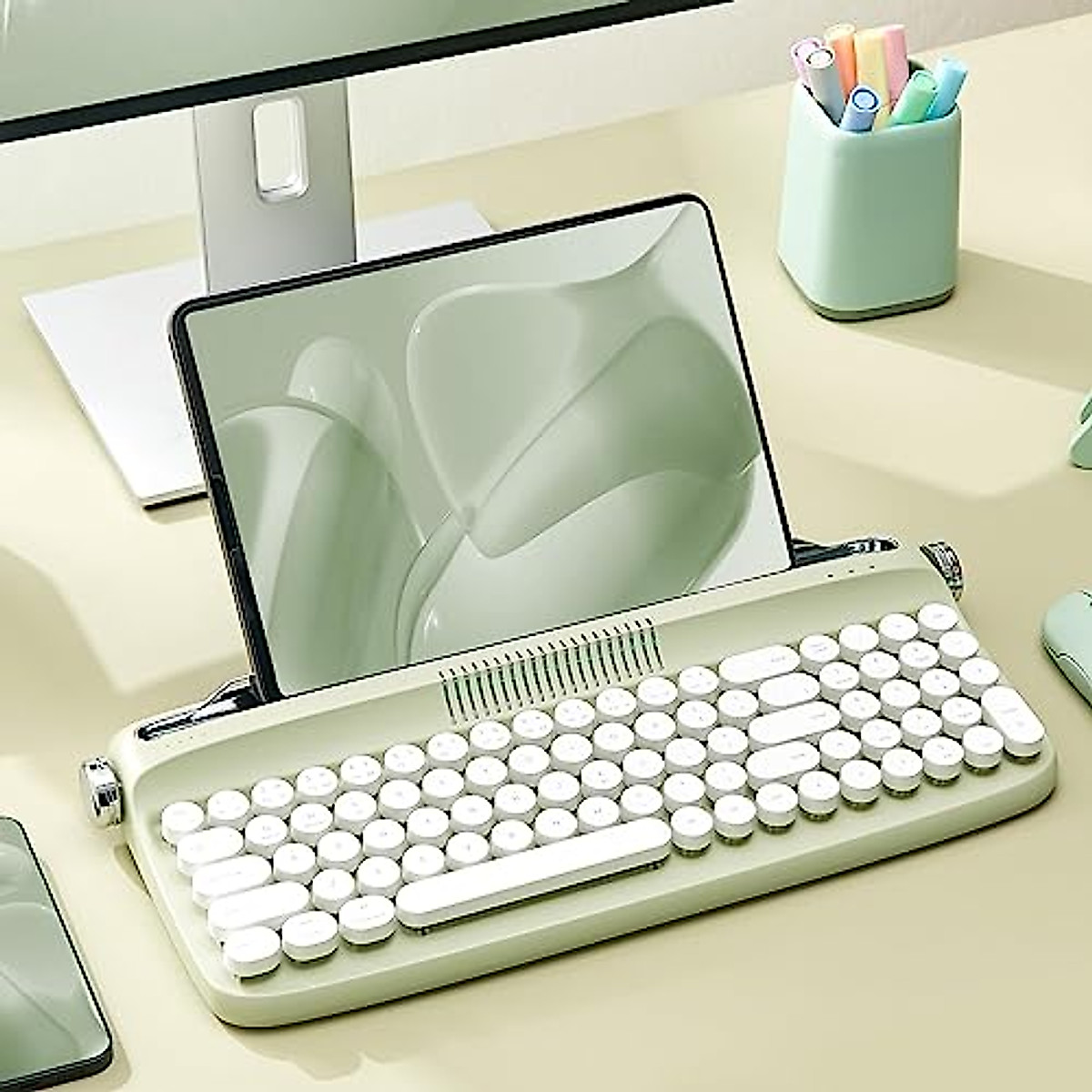 YUNZII Upgraded Wireless Typewriter Keyboard, Retro Keyboard with Integrated Stand, USB-C/Bluetooth Keyboard with Cute Round Keycaps for Multi Device for Win/Mac (B309, Sweet Mint)