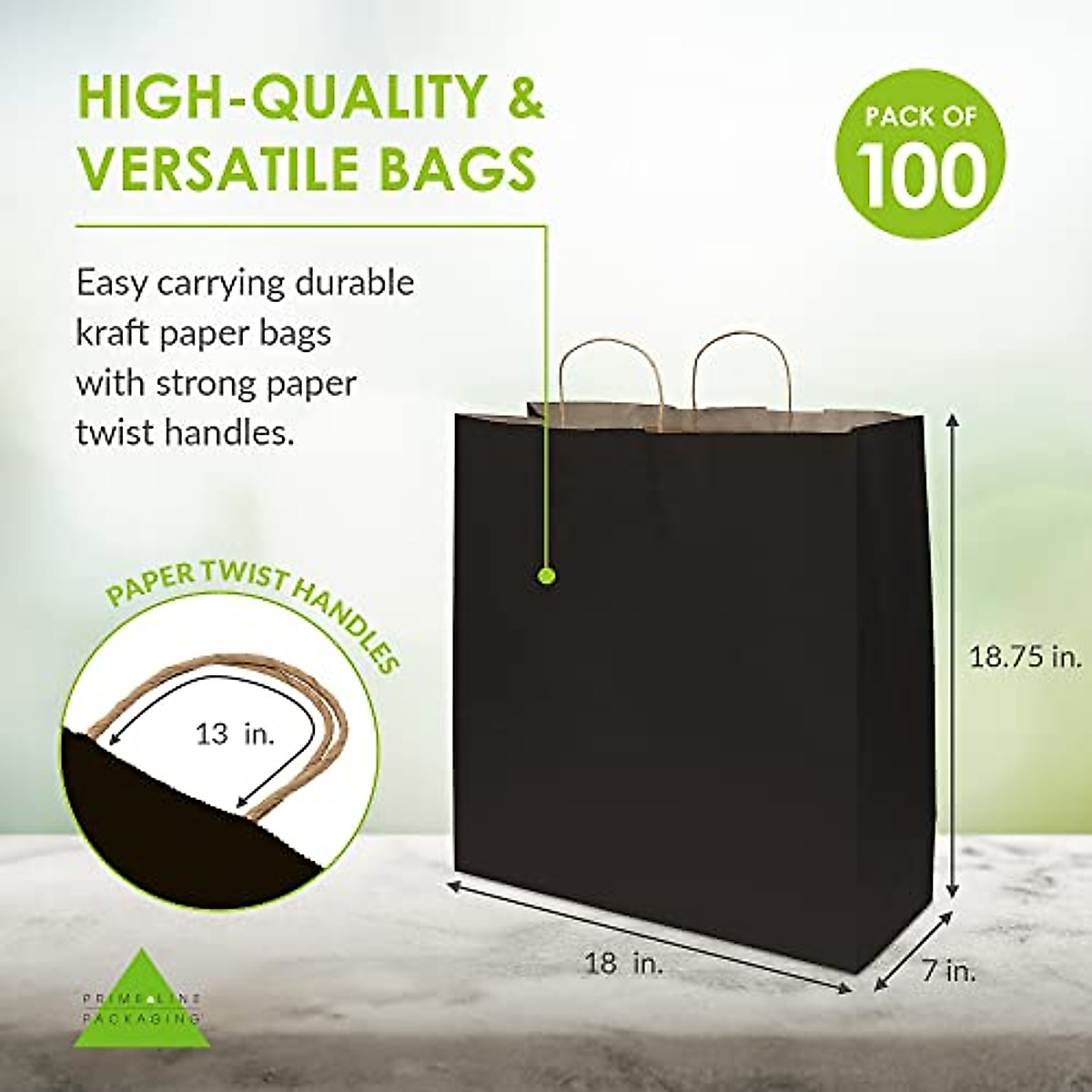 Black Paper Bags with Handles - 18x7x18.75 Inch 100 Pack Large Kraft Paper Shopping Bags with Durable Handles for Gifts, Birthdays, Events, Small Businesses, Retail Stores, Crafting, in Bulk