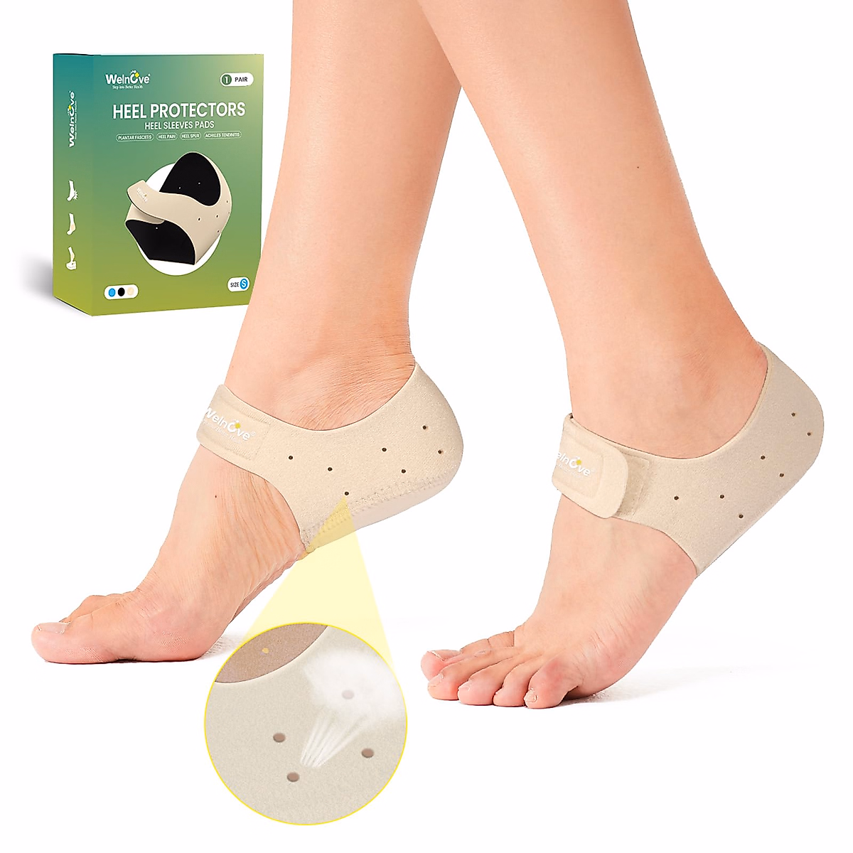 Heel Protectors Cups for Plantar Fasciitis - Welnove Heel Cups for Women Men Heels Spur Pain Relief - Heel Inserts Pads for Achilles Tendonitis Dry Cracked Heel Support Cushion (Size: W 4.5-9 / M 5-8)