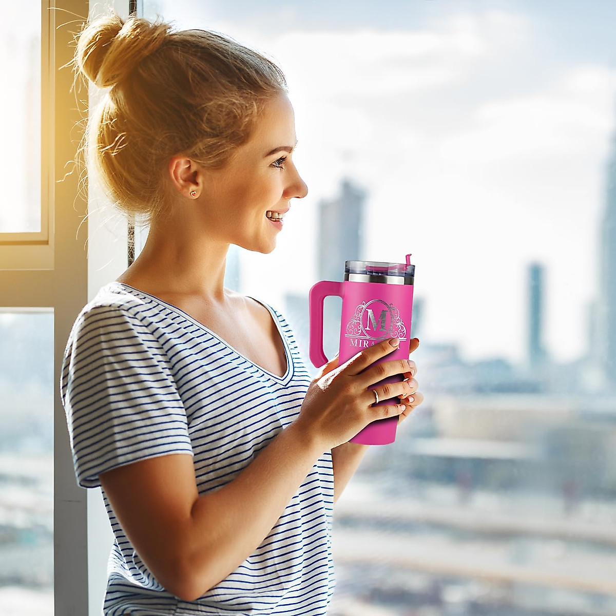 Personalized 30 oz Travel Mug - Elaborate Circle Monogram - Pink Custom Engraved Cup with Handle Vacuum Insulated Tumbler Birthday Gift for Women, Men, Beer and Drinks