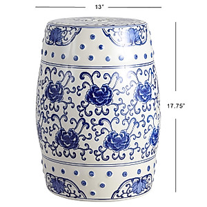 JONATHAN Y TBL1000A Lotus Flower 17.8" Chinoiserie Ceramic Drum Garden Stool Bohemian, Coastal, Classic, Cottage, French Country, Traditional, Transitional, Bathroom, Garden Room, Patio, Blue/White