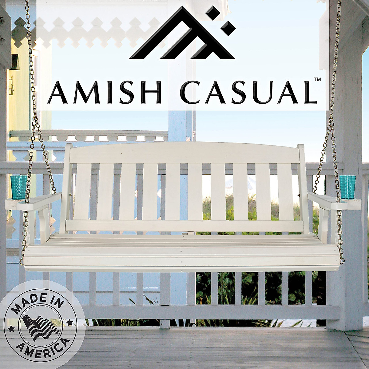 Amish Casual Heavy Duty 800 Lb Mission Treated Porch Swing with Hanging Chains and Cupholders (4 Foot, Semi-Solid White Stain)