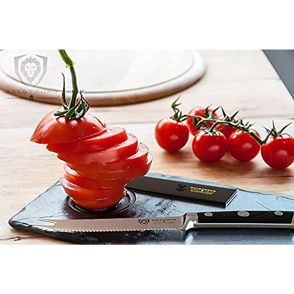 Dalstrong Tomato Slicing Knife - Gladiator Series Elite - 5" - Serrated Utility - German High Carbon Steel - Black Handle - Sheath Included - NSF Certified