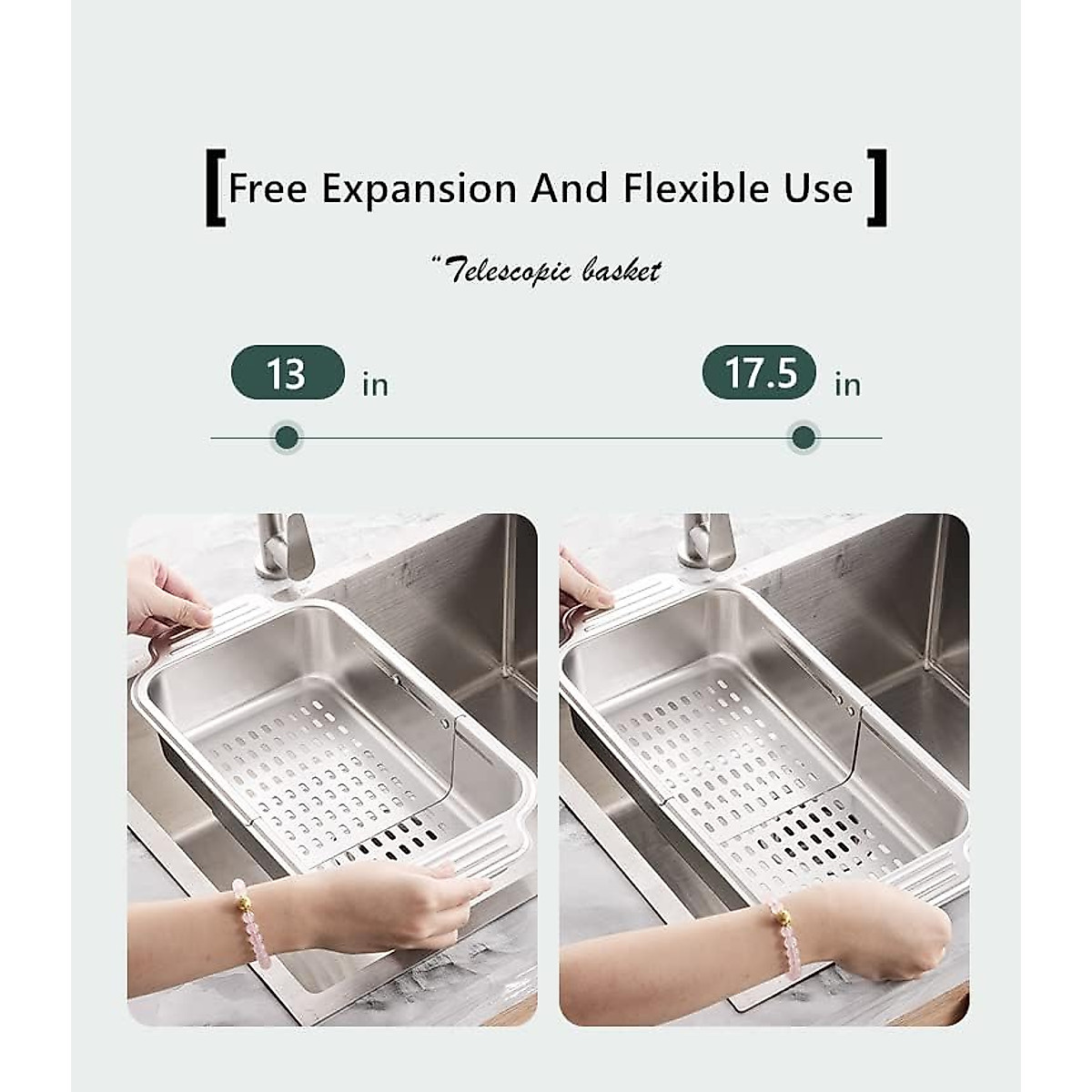 ZDRongZhen Kitchen Supply-Over The Sink Stainless Steel Retractable Kitchen Sink Basket -Wash Vegetables and Fruits, Drain Pasta and Dry Dishes,Extendable (Medium Silver)