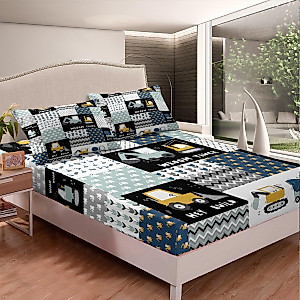 Cartoon Car Sheets with Deep Pocket Fitted Sheet Full Size for Boys Girls, Construction Car Bed Sheets Set Geometric Buffalo Construction Vehicles Sheet Set Excavator Construction Bedding Set