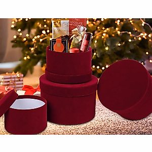 GnFlus Round Gift Boxes with Lids for Presents Set of 4 Velvet Nesting Gifts Box for Wedding Birthday Valentines Bridesmaid Christmas Party Anniversary - Red Wine