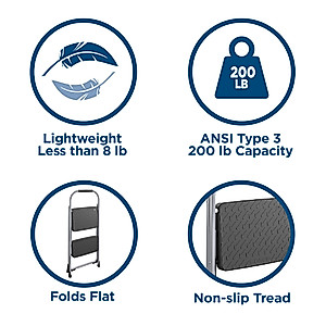 COSCO 11308PBL1E Two Step Big Step Folding Step Stool with Rubber Hand Grip, Gray