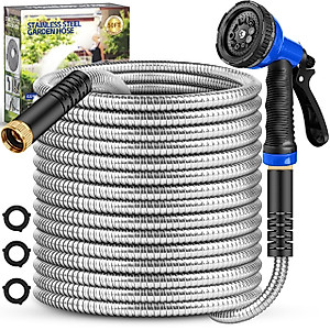 BAZOLOTA Garden Hose 50ft, Metal Stainless Steel Water Hose with Nozzle, Lightweight, Flexible and Sturdy, Anti-Wear and Puncture-Proof, No Kink, Suitable for Yards and Outdoor
