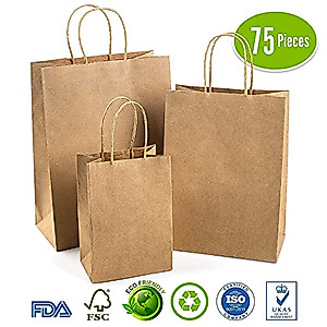 WDC Brown paper bags with handles bulk, 75 craft bags, 25 each (large, medium & small). Plain paper bags great for shopping, gift bag with assorted sizes