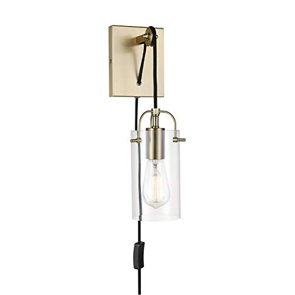 Globe Electric 51629 Nordhaven 1-Light Plug-in or Hardwire Wall Sconce, Antique Brass, Pulley Accent, Clear Glass Shade, Bulb Included