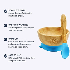 Xboo Baby Plates, Bamboo Baby Suction Plates, Bamboo Suction Plates for Toddlers, Stay Put Feeding Plates, Wooden Divided Plate, Baby Dishes, Kids Plates, BPA Free| Grace_Blue