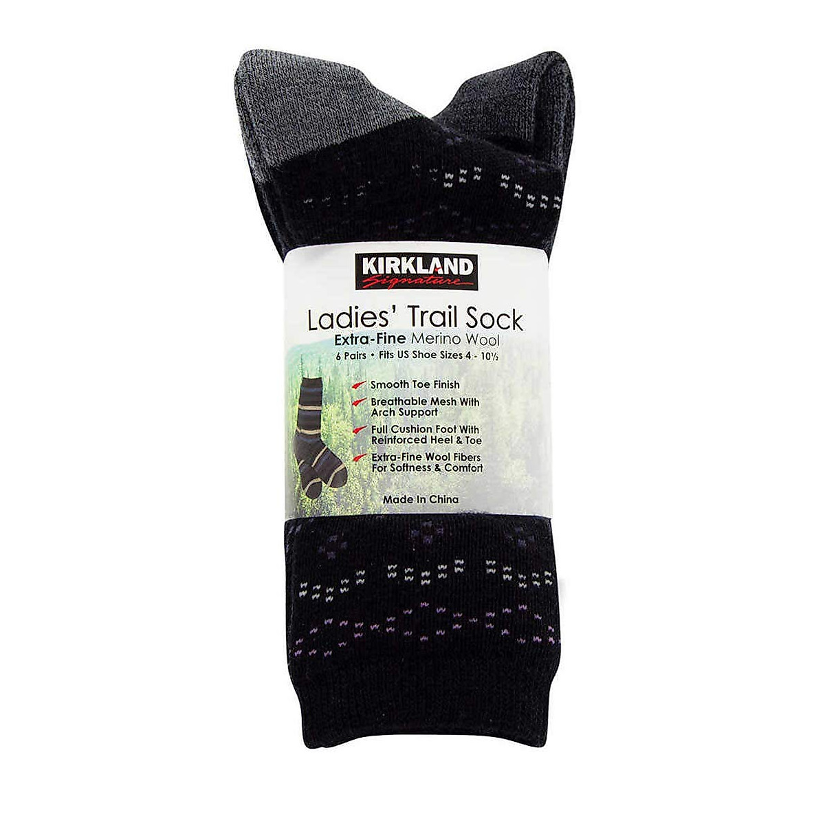 Kirkland Signature Womens 6 Pack Extra Fine Merino Wool Trail Socks (Black/Purple)