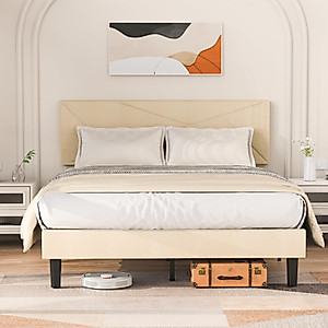 Flolinda Queen Size Bed Frame with Fabric Upholstered Headboard, Queen Bed Frame with Wooden Slats Support, Fully Upholstered Mattress Foundation, No Box Spring Needed, Easy Assembly, Beige
