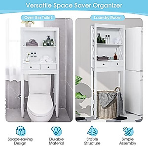 Tangkula Over The Toilet Storage Cabinet, 65” Over Toilet Bathroom Organizer with Adjustable Bottom Bar, 2 Open Shelves, 2 Drawers, Anti-tip Devices, Freestanding Above Toilet Storage Cabinet (White)