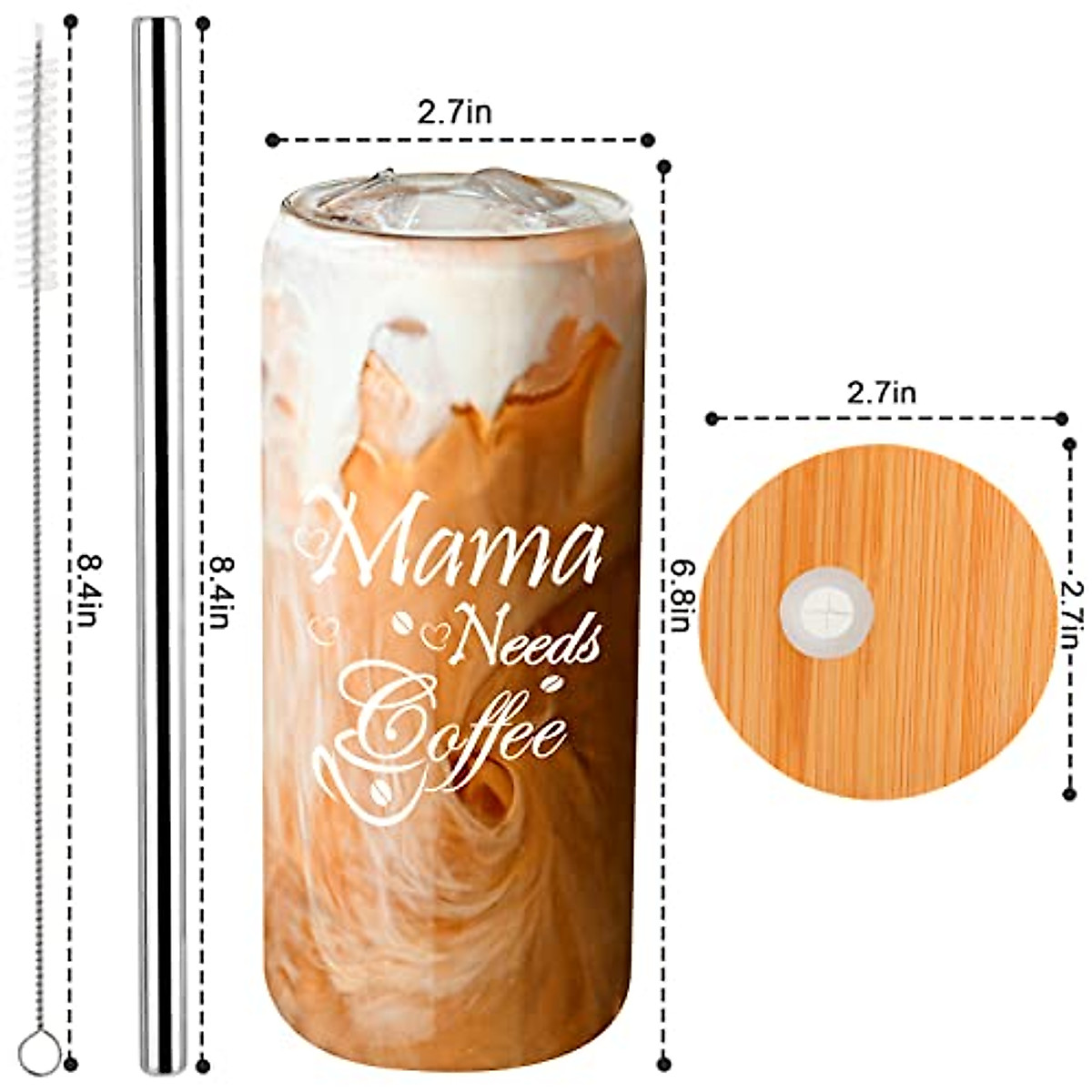 WAVEWISE Gifts for Mom from Daughter, Son, Kids - 20 Oz Drinking Can Glass Iced Coffee Cup with Lid and Straw - Mama Needs Coffee - Birthday Presents for Mom, Mother, Wife, New Mom, Mother In Law
