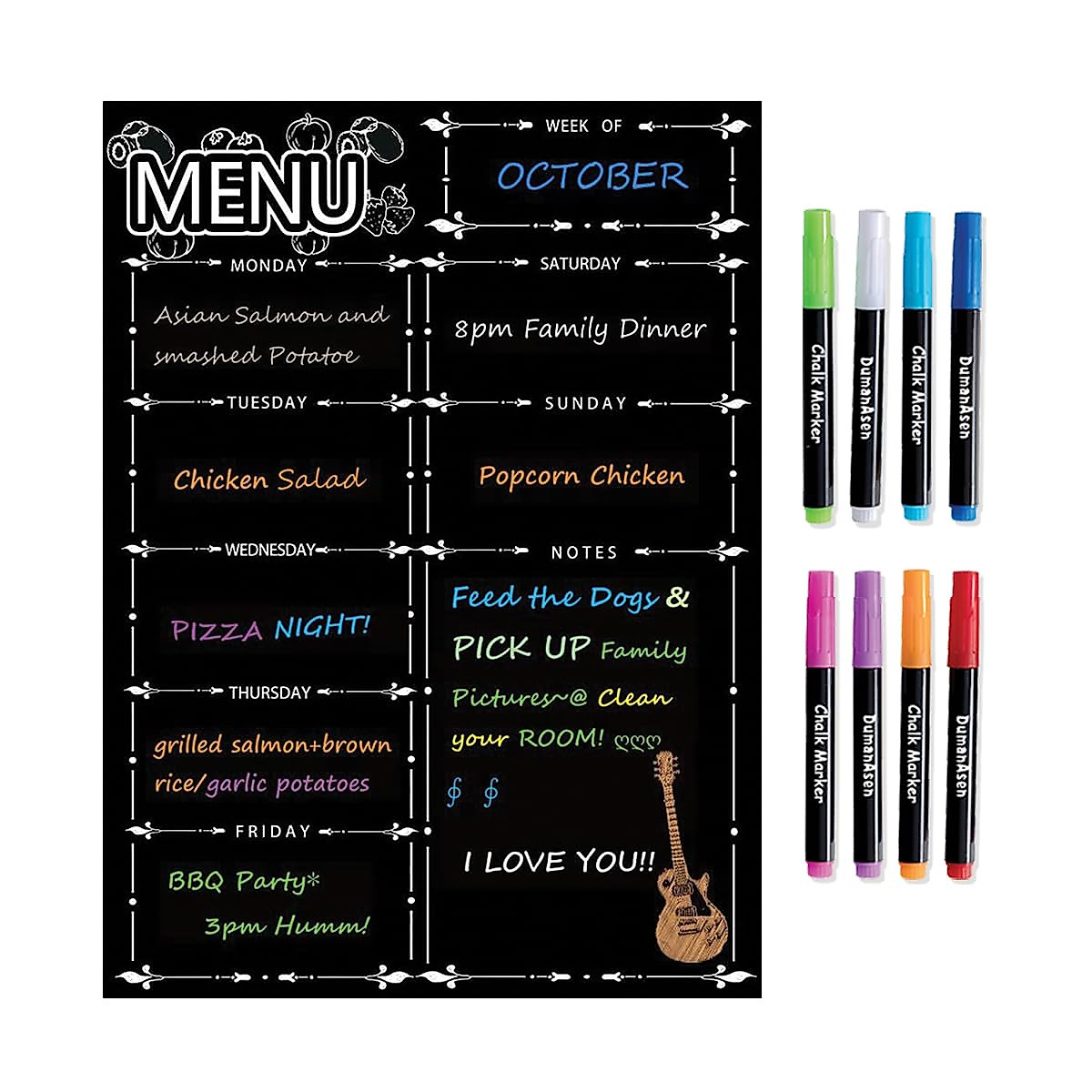 Magnetic Menu Board for Fridge, LiebHome Dry Erase Weekly Menu Planner/Family Calendar 16" x 12" with Grocery List and Notes (Black with 8 Markers)
