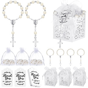 Huquary 100 Pcs Baptism Favors Set Includes 25 Mini Rosary Baptism Favors 25 Baptism Favor Boxes 25 White Organza Bags with Drawstring 25 Thank You Tags for Baby Shower Wedding Christian Gift (Silver)