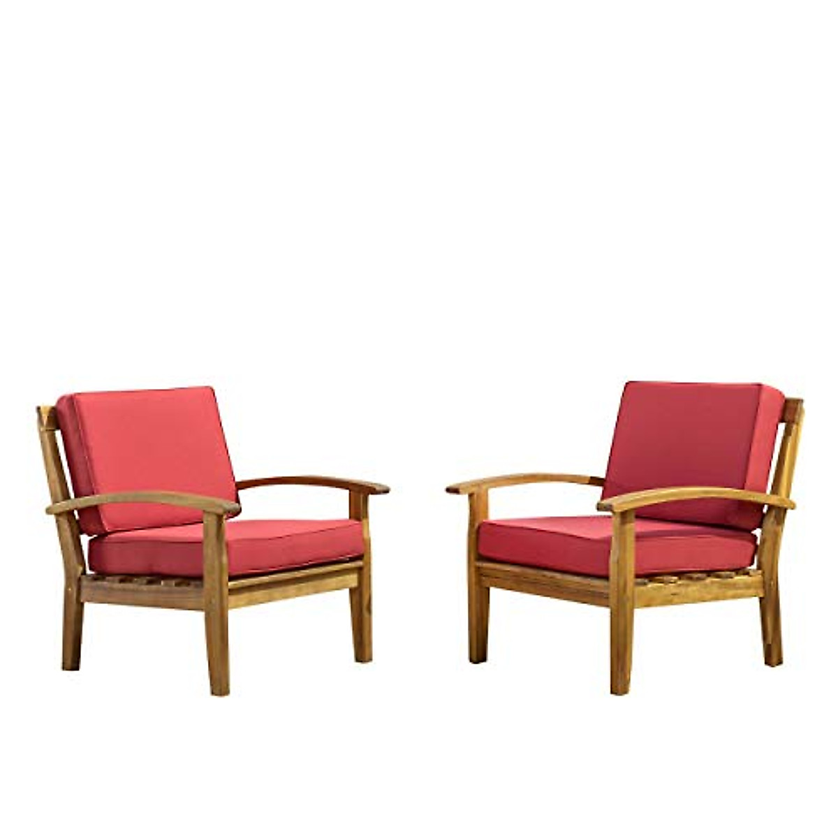 Christopher Knight Home Peyton Outdoor Wooden Club Chairs with Cushions, 2-Pcs Set, Teak Finish / Red