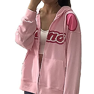 NUFIWI Women Graphic Printed Oversized Y2K Sweatshirt Zip Up Long Sleeve Hoodies Aesthetic Jacket Streetwear with Pockets （Pink, L