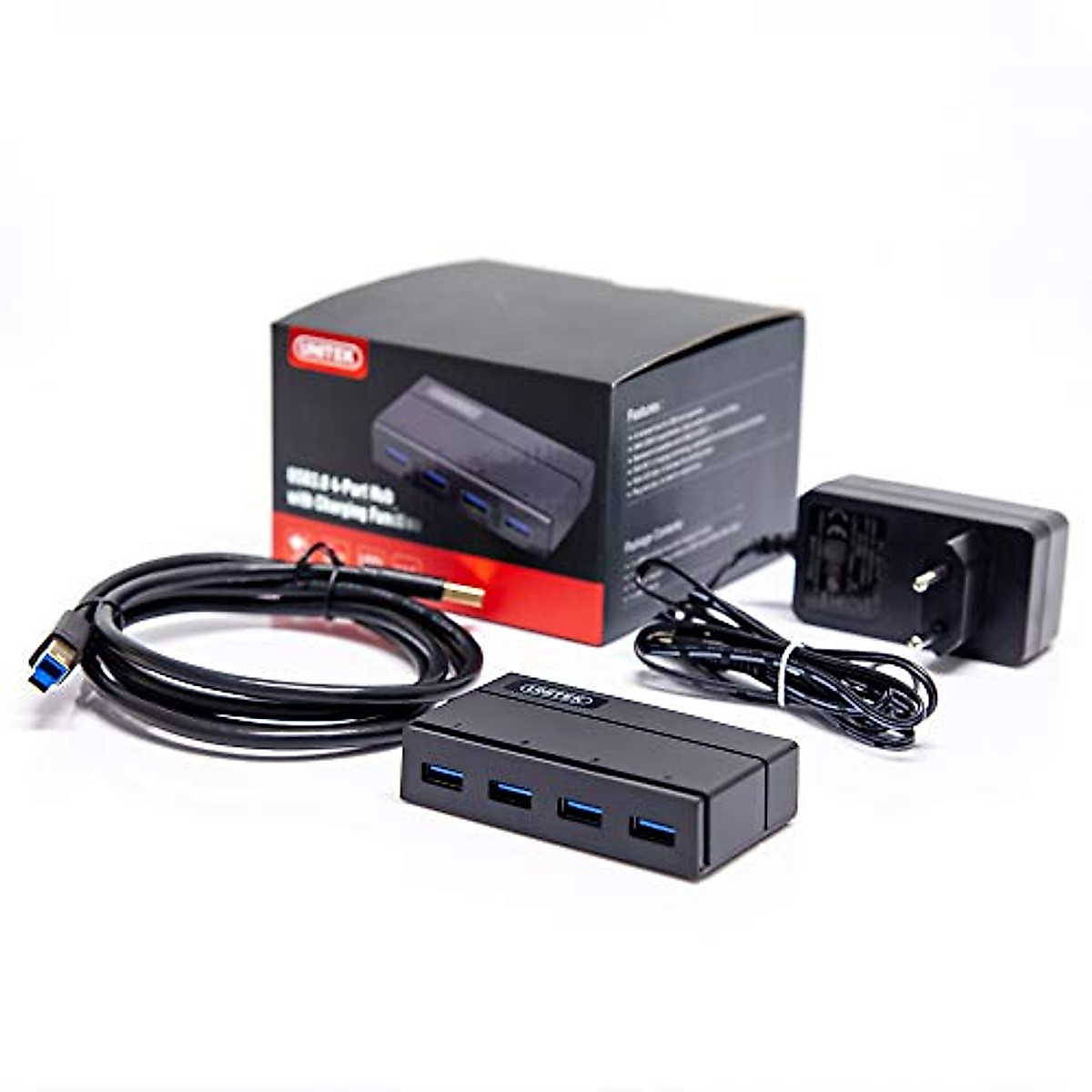 UNITEK Active USB Hub 4 Port 3.0 Gen 1 + Power Supply, SuperSpeed Data Hub Multiport Splitter for PC, Laptop, Keyboard, Mouse, Printer, iOS (Mac) + Windows Compatibility, Plug & Play Black